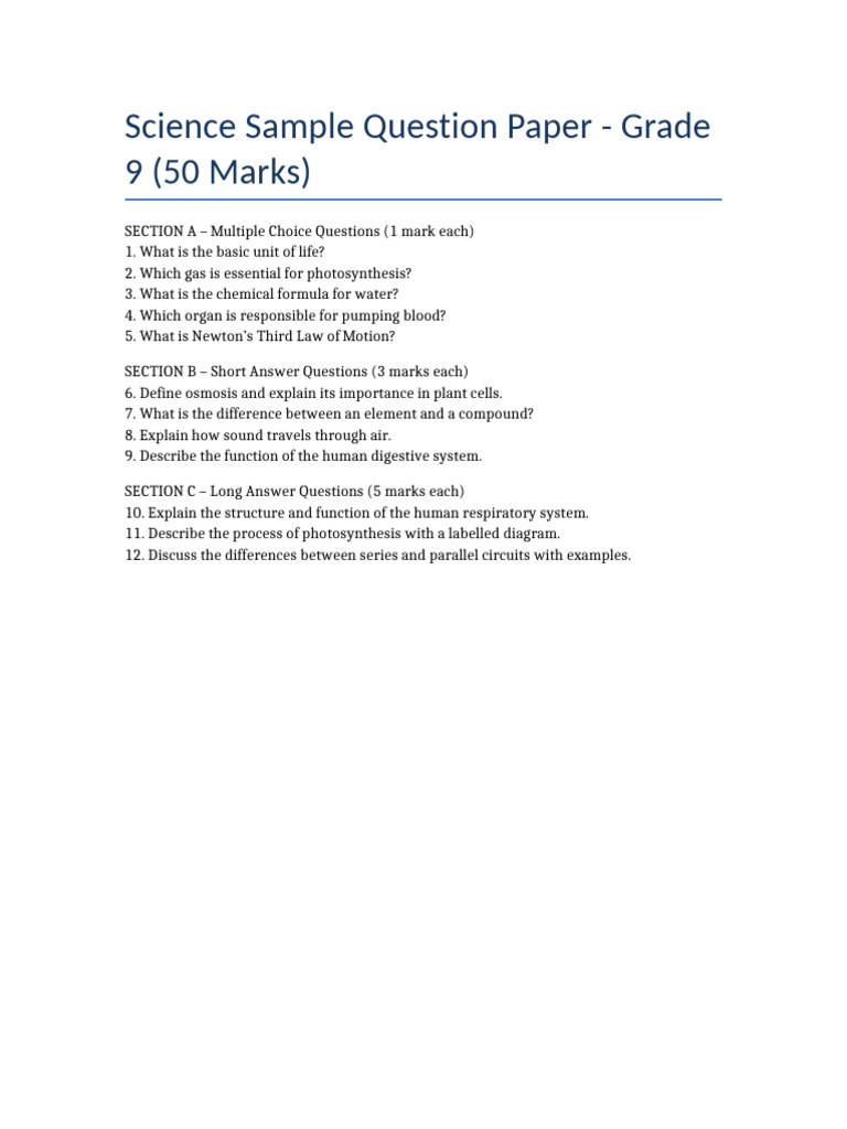 Grade 9 Science Sample Question Paper | PDF