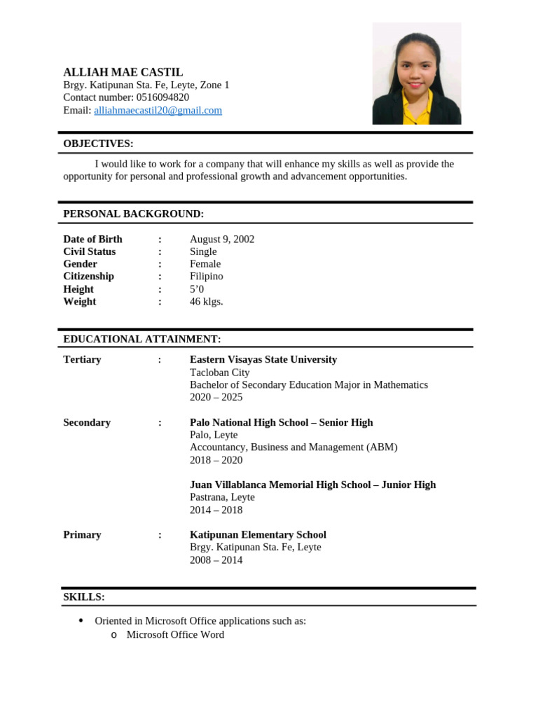 Alliah Mae Castil - Job Application Resume | PDF | Cognition | Learning