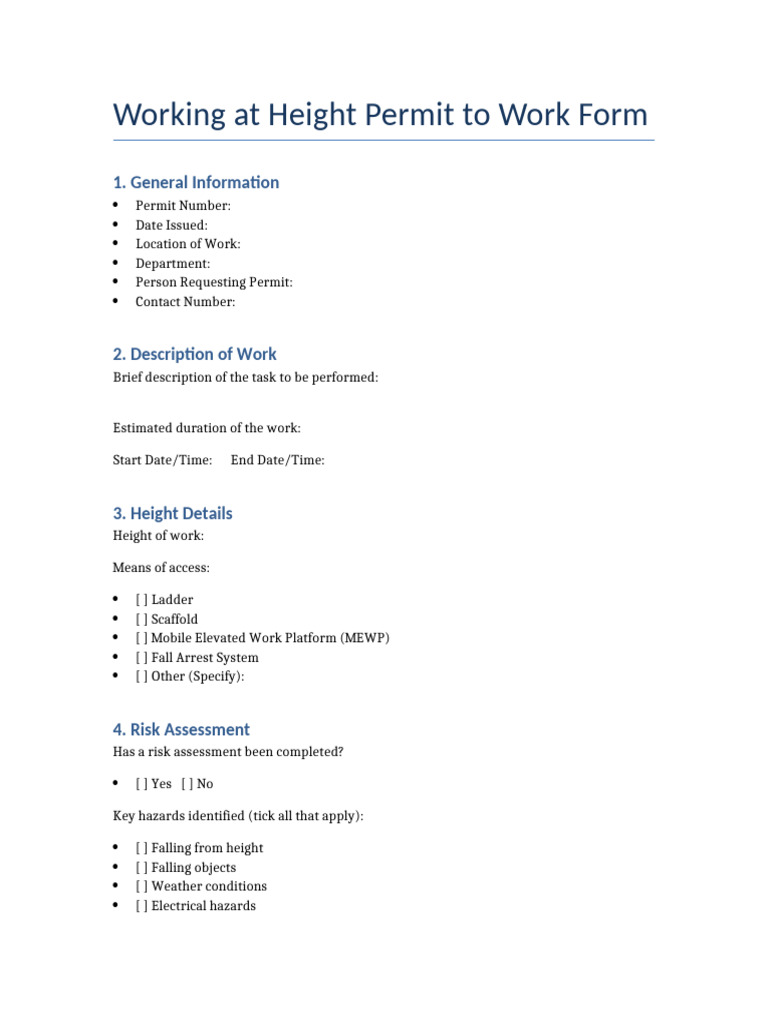 Working at Height Permit Form | PDF