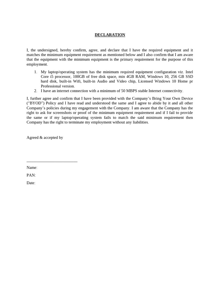 Employment Equipment Declaration Form | PDF