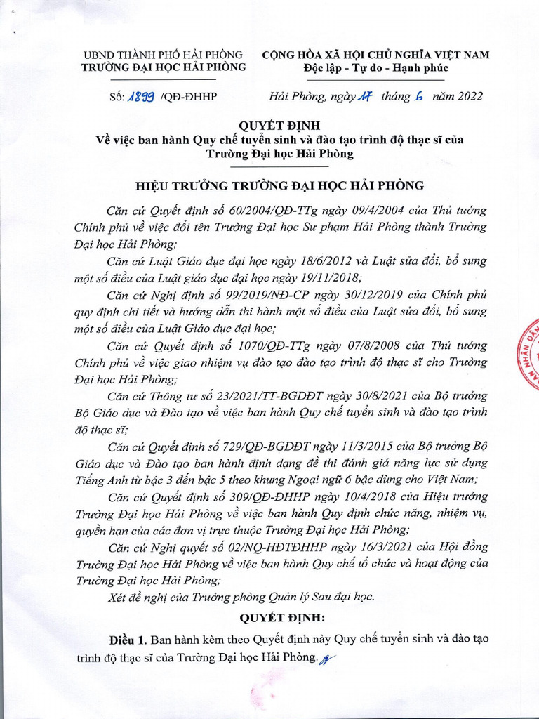 Quy Che Tuyen Sinh Va Dao Tao Thac Si DHHP 2022 | PDF