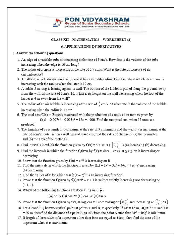 CLASS XII - Mathematics - WS - 2 | PDF | Area | Trigonometric Functions
