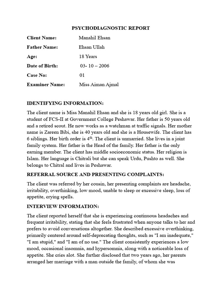 I Am Sharing 'PSYCHODIAGNOSTIC Report AAjmal Final' With You | PDF ...