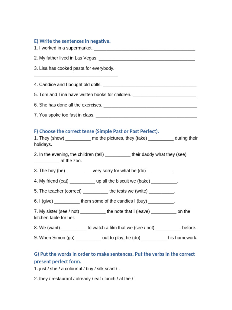 Negative Sentences and Tenses Practice | PDF | Perfect (Grammar ...