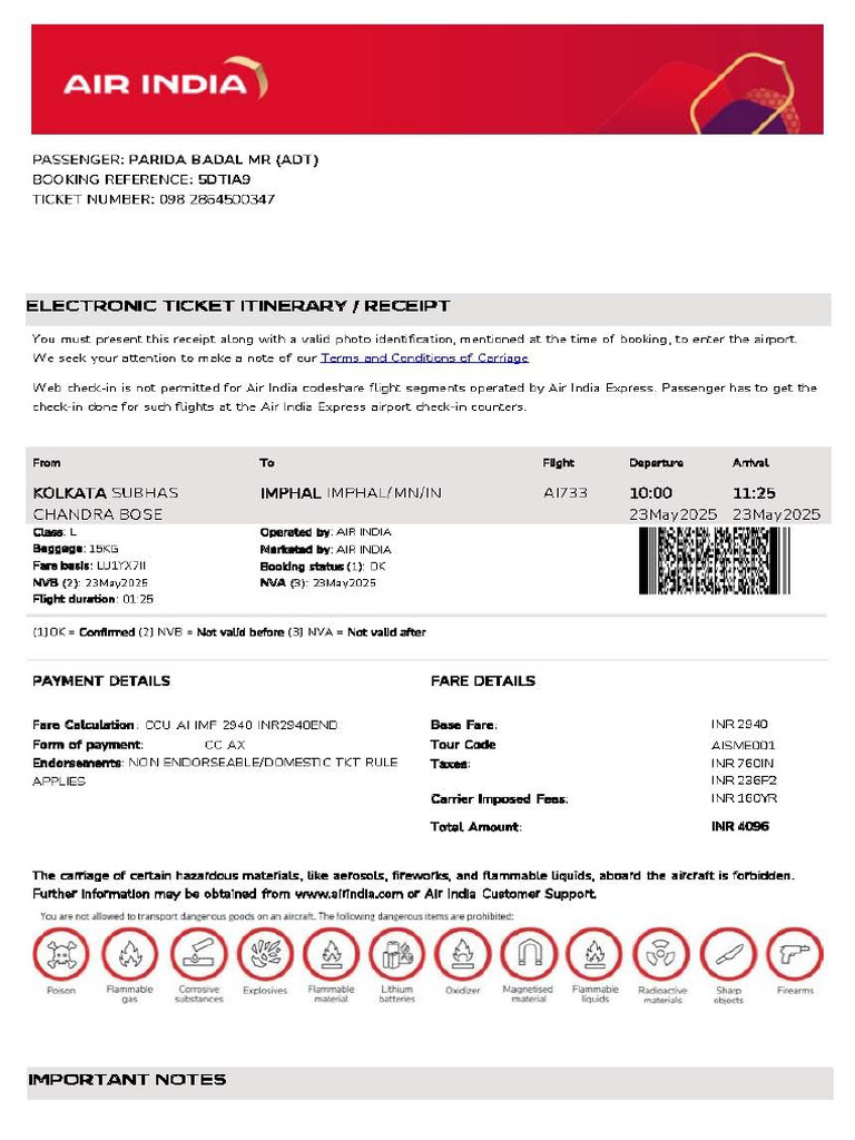 Air India Web Booking Eticket (5DTIA9) - BADAL | PDF