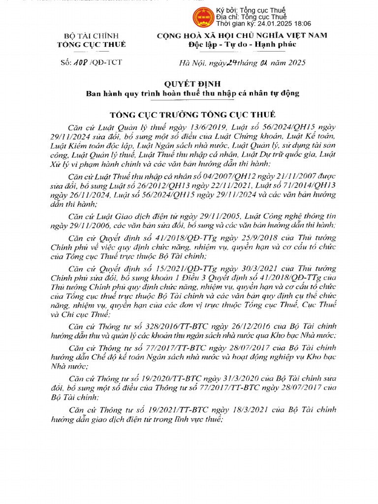 QD108.2025 TCT - Quy Trinh Hoan Thue TNCN Tu Dong | PDF