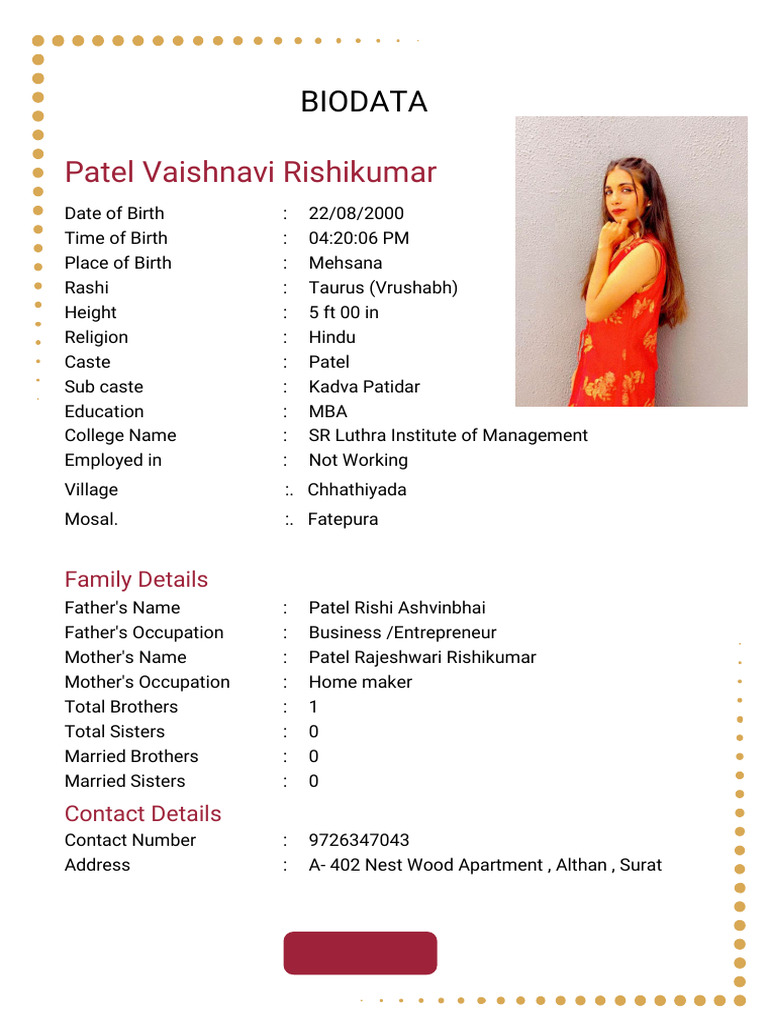 Vaishnavi's biodata | PDF