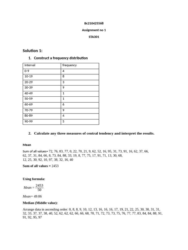 Spring 2025 - STA301 - 1 - BC210425568 | PDF | Mode (Statistics) | Median