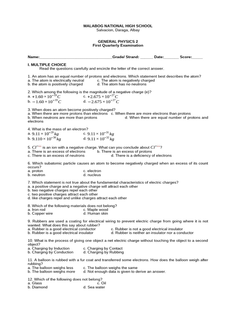 EXAM General Physics 2 1 | PDF | Electric Charge | Electric Field