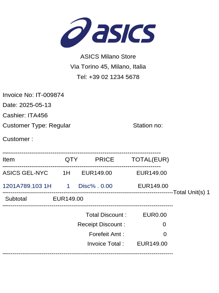 ASICS Milano Store Invoice Summary | PDF