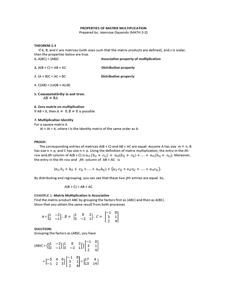 Math 20 Oquendo Properties of Matrix Multiplication | PDF | Matrix (Mathematics) | Functions And ...
