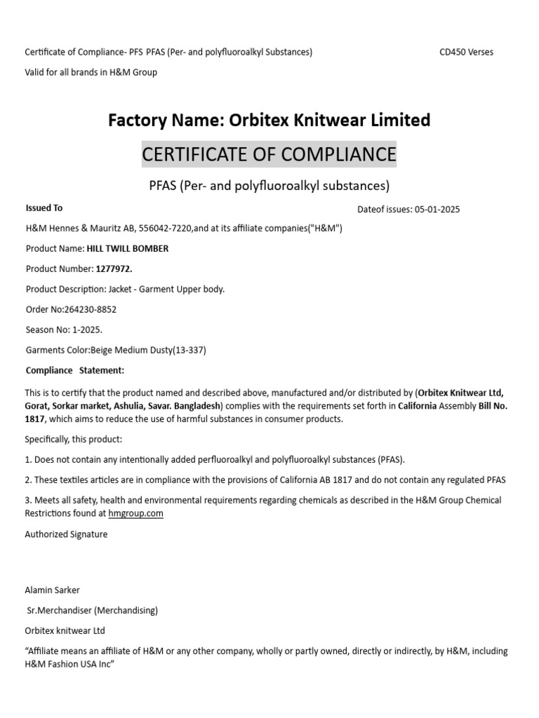 PFAS Compliance Certificate for H&M | PDF