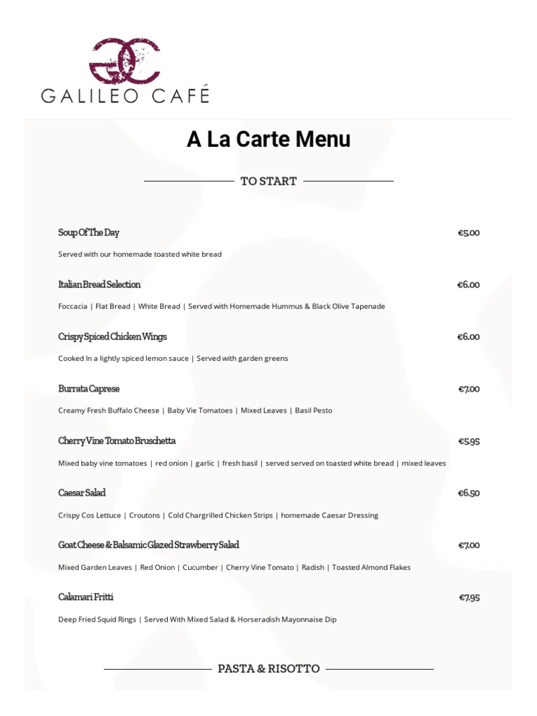 A La Carte Menu Galileo Cafe | PDF | Sauce | Tomato Sauce