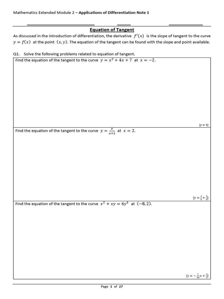 M2 Applications of Differentiation Notes1 | PDF | Asymptote | Tangent