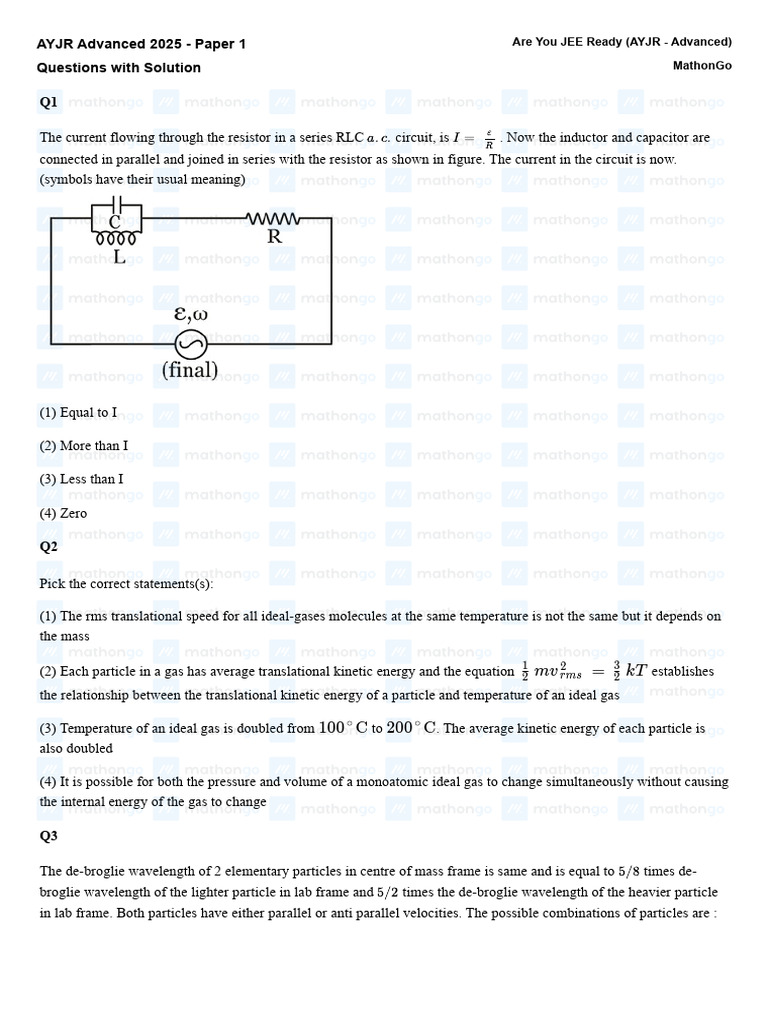 AYJR 2025 (Advanced) - Paper 1 - Final Keys & Solutions | PDF | Gases | Capacitor