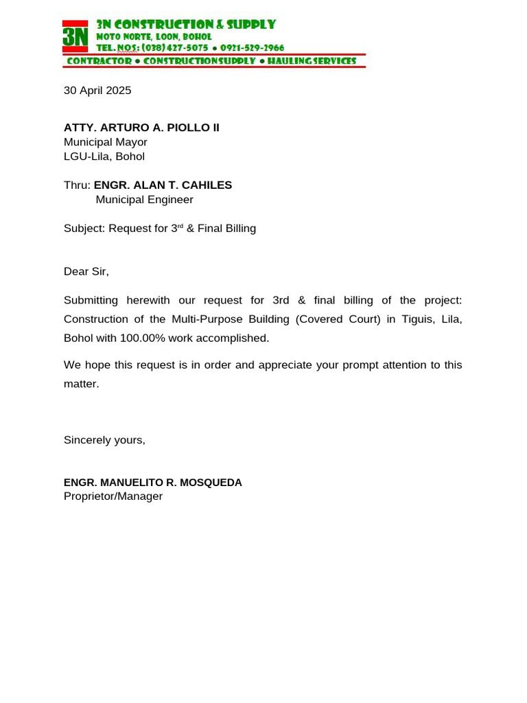 Final Billing Request for Building Project | PDF