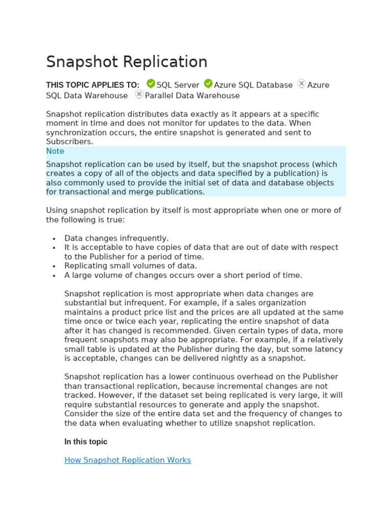 Snapshot Replication | PDF | Replication (Computing) | Microsoft Sql Server