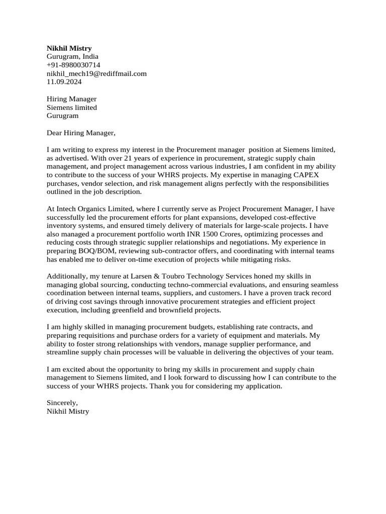 Cover Letter Siemens | PDF