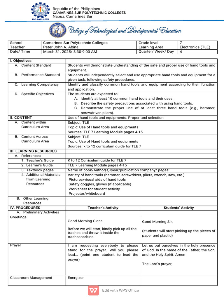 DLP For (TLE) UseofHandtoolsandequipments | PDF | Curriculum | Tools