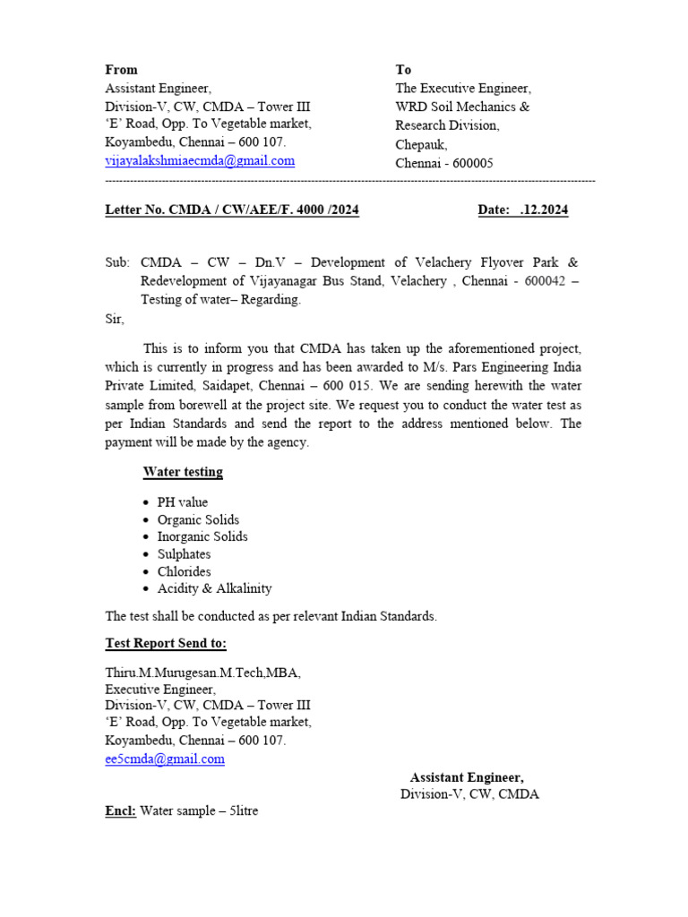 Water Testing Request for Velachery Project | PDF