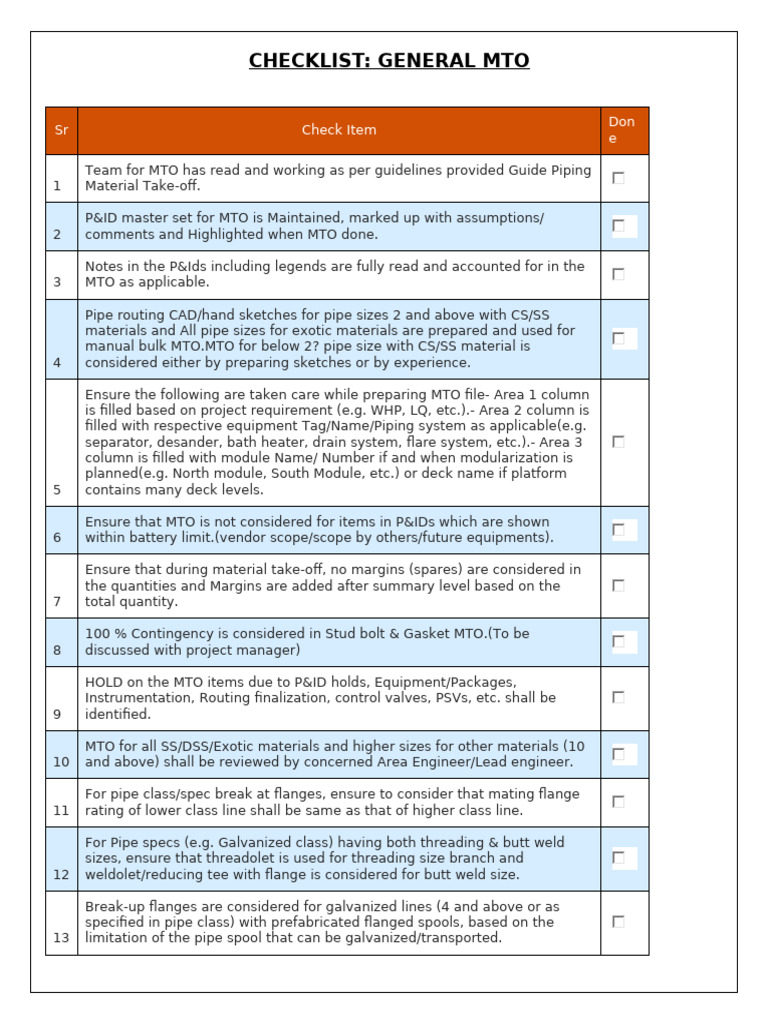 Checklist General Mto | PDF | Pipe (Fluid Conveyance) | Valve