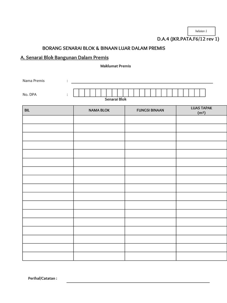 D.A.4 (JKR - PATA.F6 - 12 Rev 1) BORANG SENARAI BLOK - BINAAN LUAR DALAM PREMIS | PDF