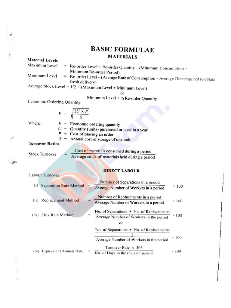 Cost Accounting Some Formulas (DuExam - In) | PDF