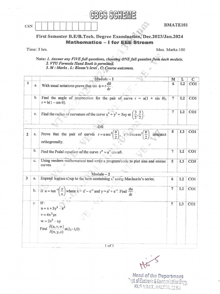BMATE101 EC VTU QP Scheme Solution Dr. Meenal M. Kaliwal | PDF