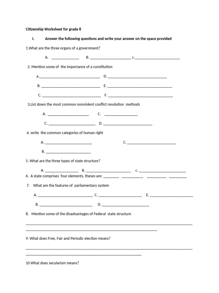 Citizenship Worksheet For Grade 8 Break | PDF | Elections | Democracy