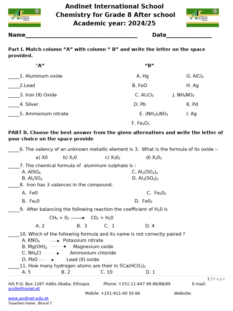 Grade 8 Chemistry Quiz Worksheet | PDF | Hydrochloric Acid | Aluminium