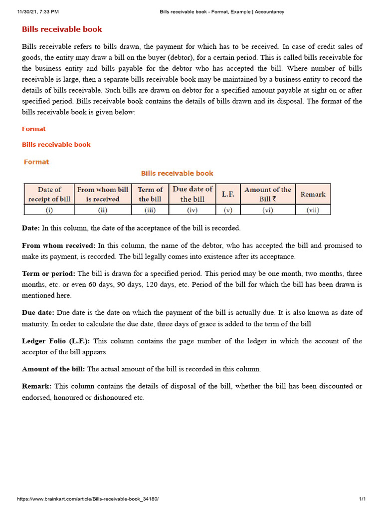 Bills Receivable Book: Format & Example | PDF