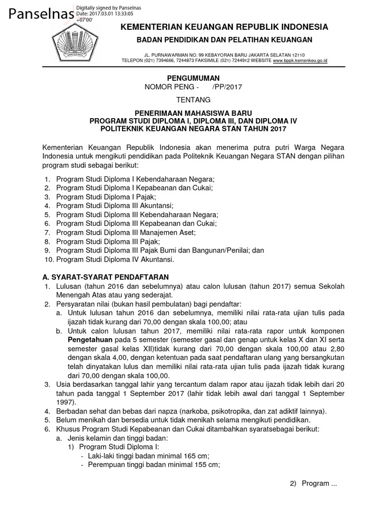 Syarat Pendaftaran STAN PDF | PDF