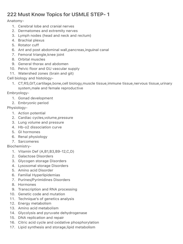 222 Must Know Topics For USMLE STEP - 1 | PDF | Immune System | Metabolism
