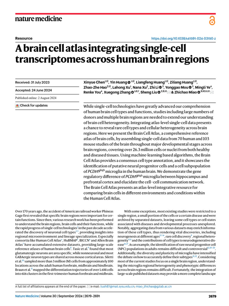 2024.A brain cell atlas integrating single-cell transcriptomes across human brain regions | PDF ...