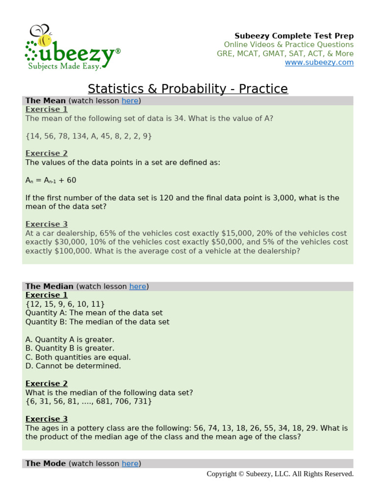 Statistics & Probability Practice | PDF | Mean | Percentile