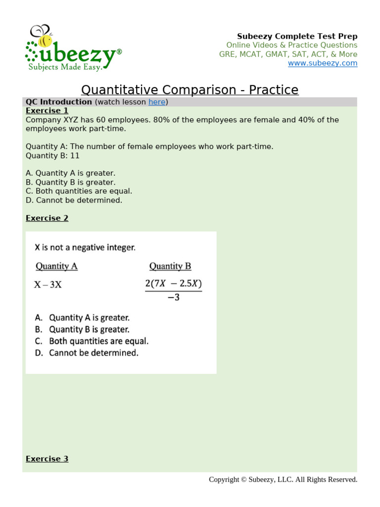 Quantitative Comparison Practice | PDF | Mean | Circle