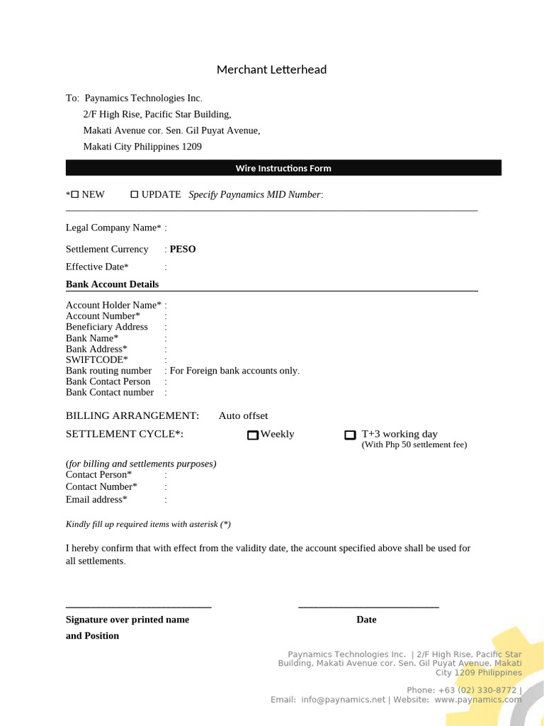 Wire Instruction Form 2023 - For Direct Acquiring | PDF