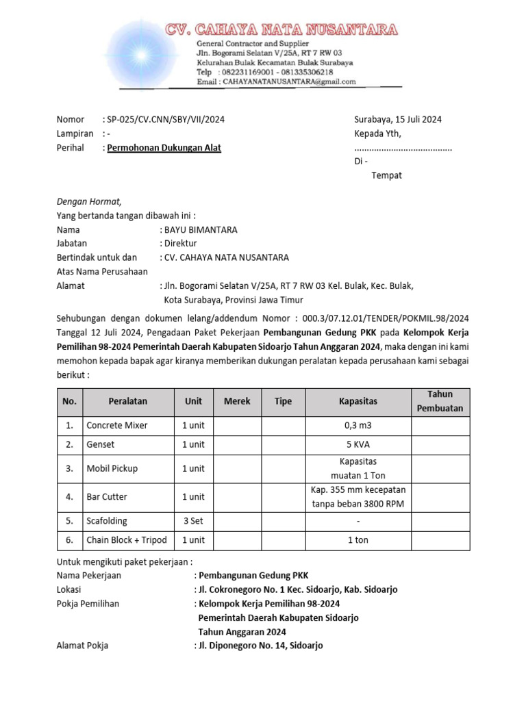 Surat Permohonan Peralatan - CV - CNN | PDF