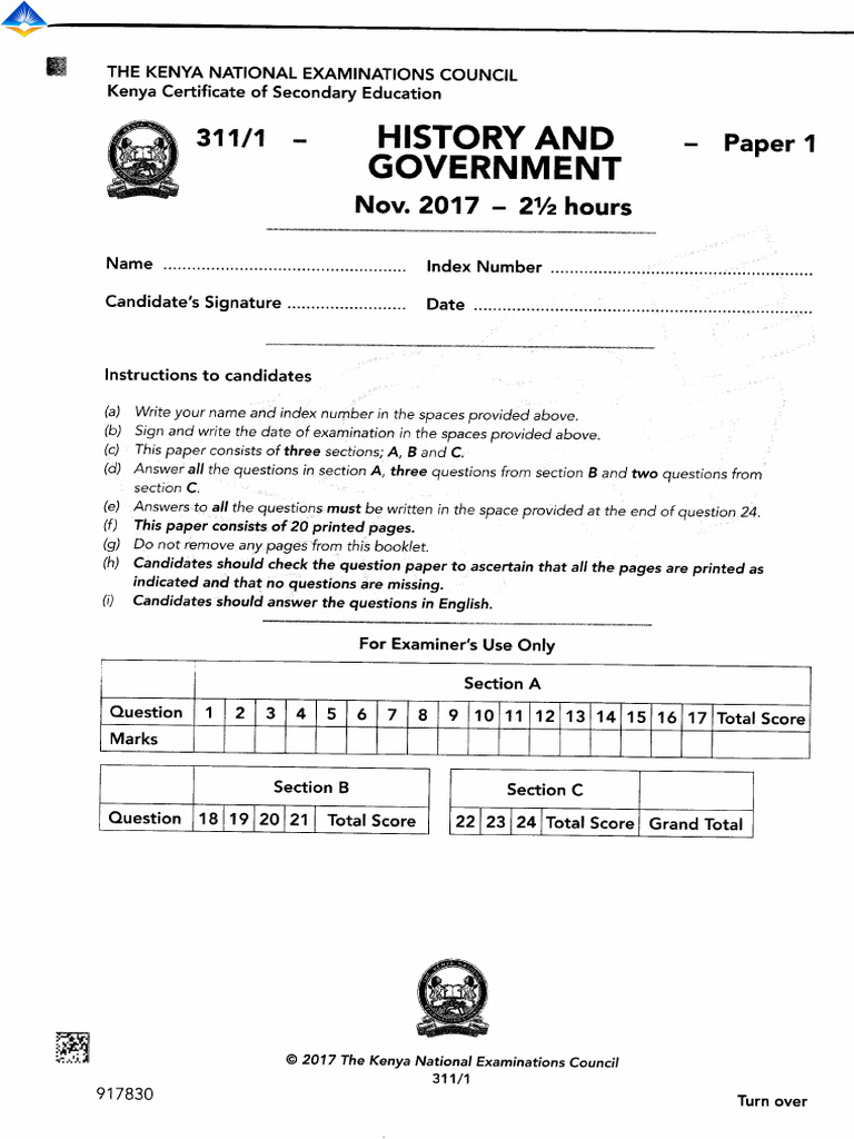 History Pp1 Kcse 2017 Questions Paper | PDF
