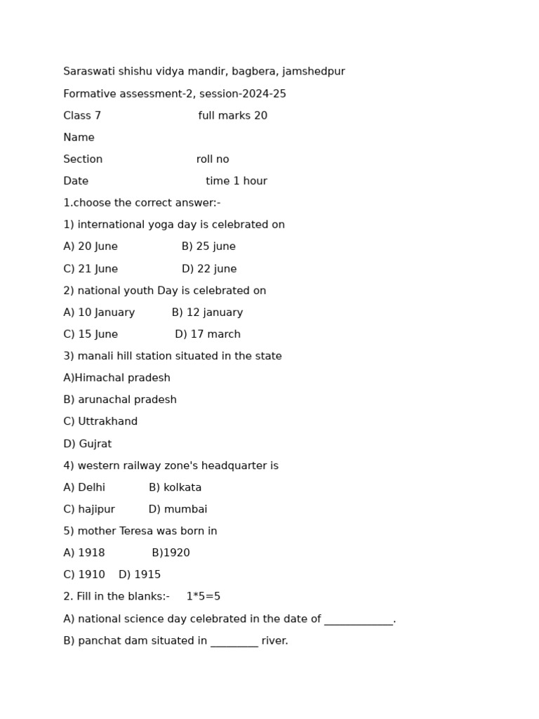 Class 7 GK Session 2024-25 | PDF