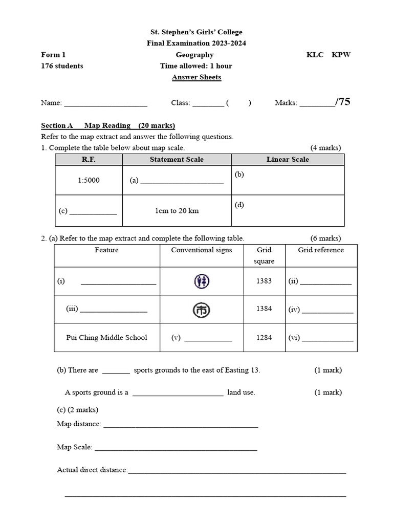 2324 F1 Final Year Exam - Answer Sheet PDF | PDF | Map | Geographic Data And Information