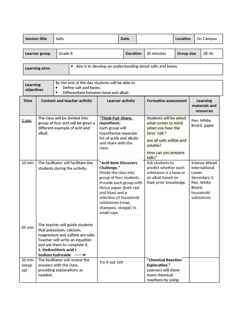 2024-25 Lesson Plan Salts(1) | PDF | Ion | Salt (Chemistry)