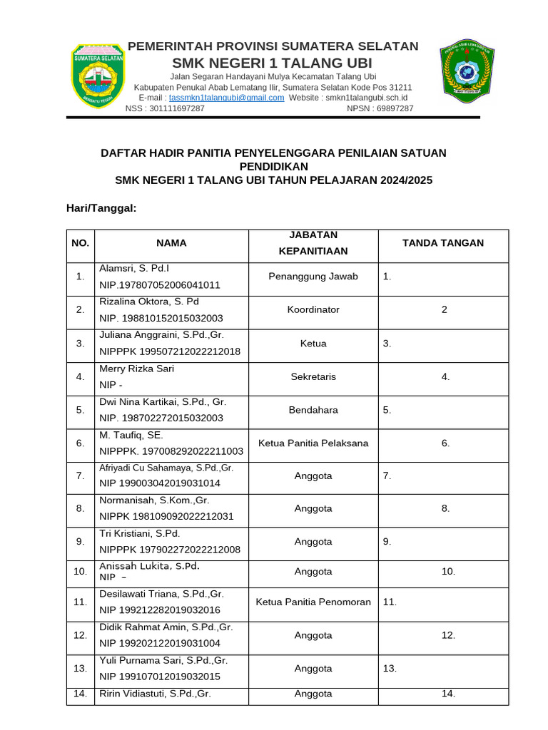Daftar Hadir Panitia PSP | PDF
