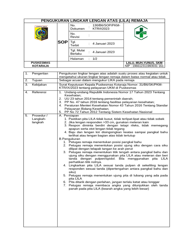 Sop Pengukuran Lingkar Lengan Atas Remaja | PDF