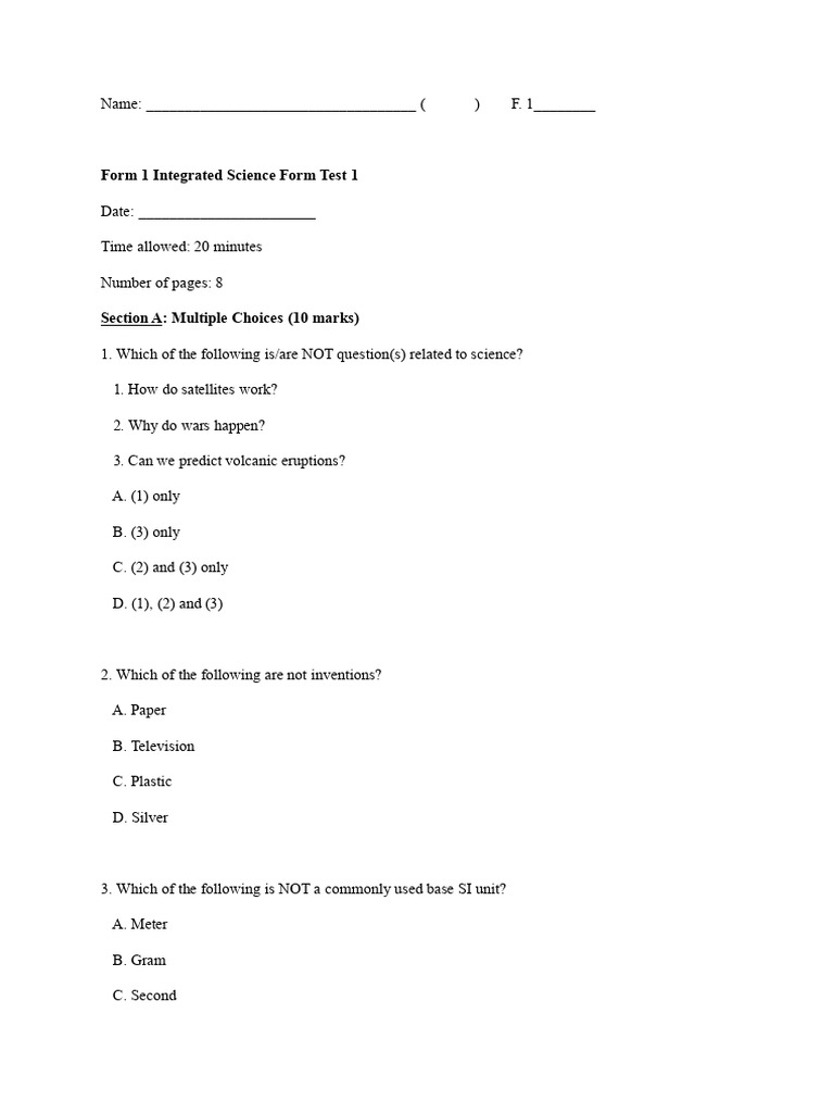 F.1 Integrated Science Test Paper | PDF | Gases | Science