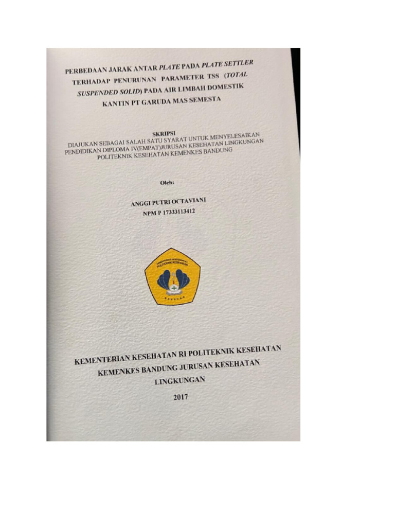 Anggi Putri Octaviani, (2017) Perbedaan Jarak Antar Palte Pada Plate Settler Terhadap Penurunan ...