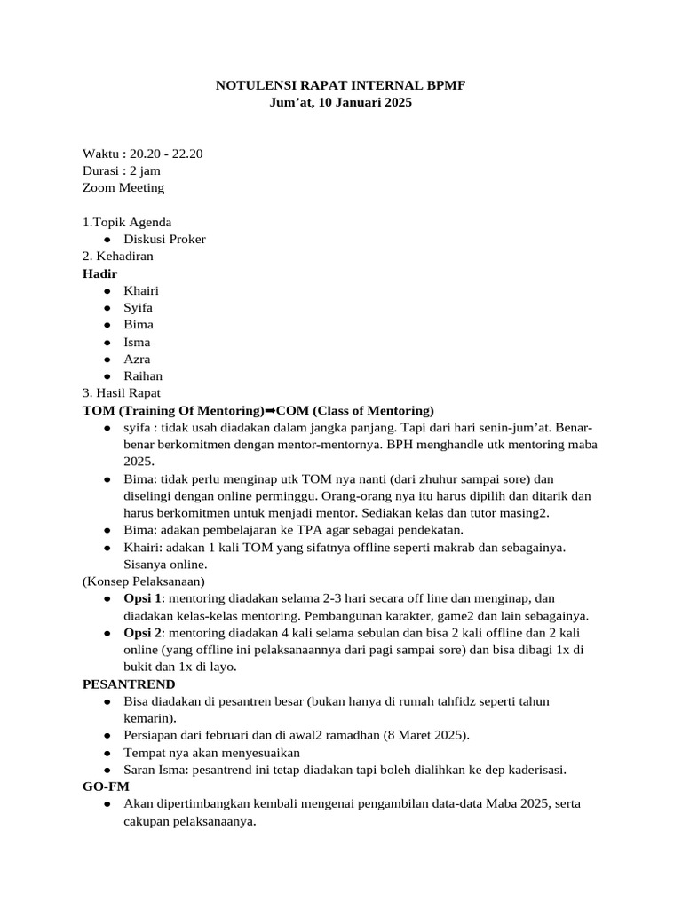 Notulensi Rapat Perdana BPMF 2025 | PDF
