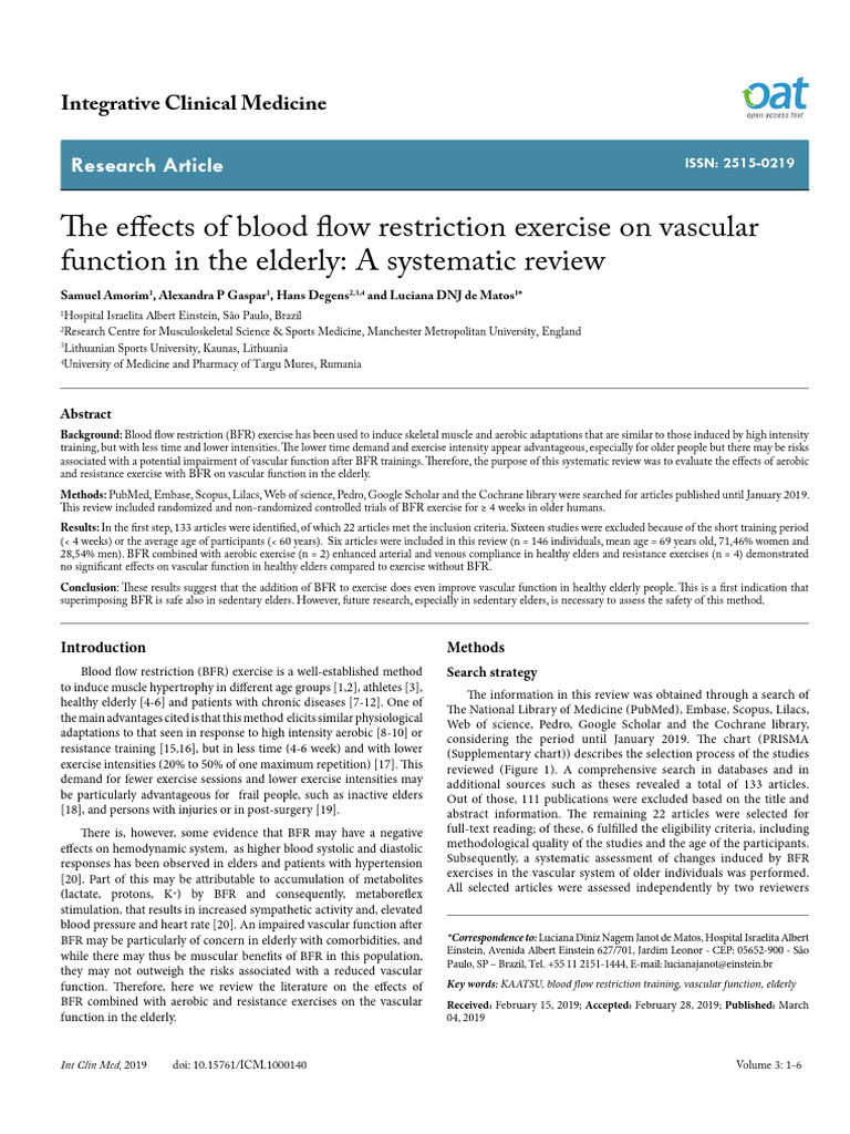 The Effects of Blood Flow Restriction Exercise On Vascular Function in The Elderly | PDF | Blood ...
