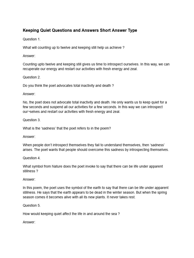 Keeping Quiet Questions and Answers Short Answer Type | PDF | Natural ...