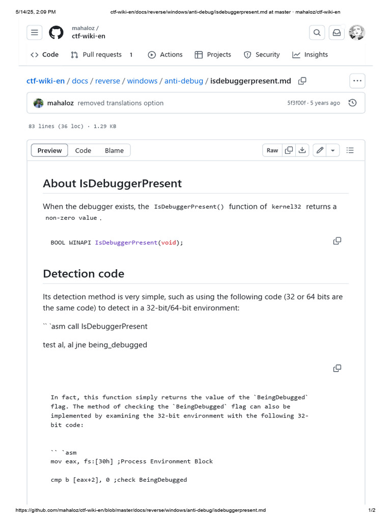 Ctf-wiki-En Docs Reverse Windows Anti-Debug Isdebuggerpresent - MD at Master Mahaloz Ctf-wiki-En ...